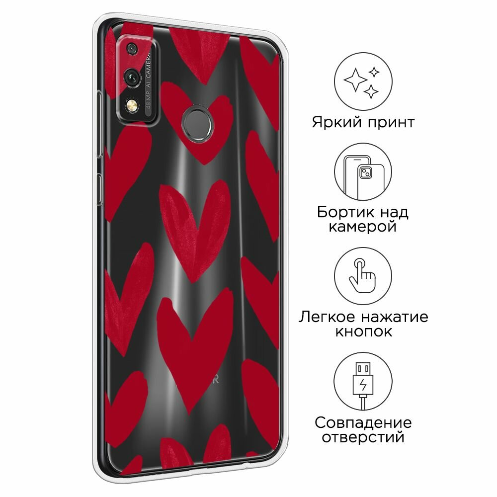 Чехол на Honor 9X Lite / Хонор 9X Лайт с принтом Красные сердечки рисунок, прозрачный — фото 1