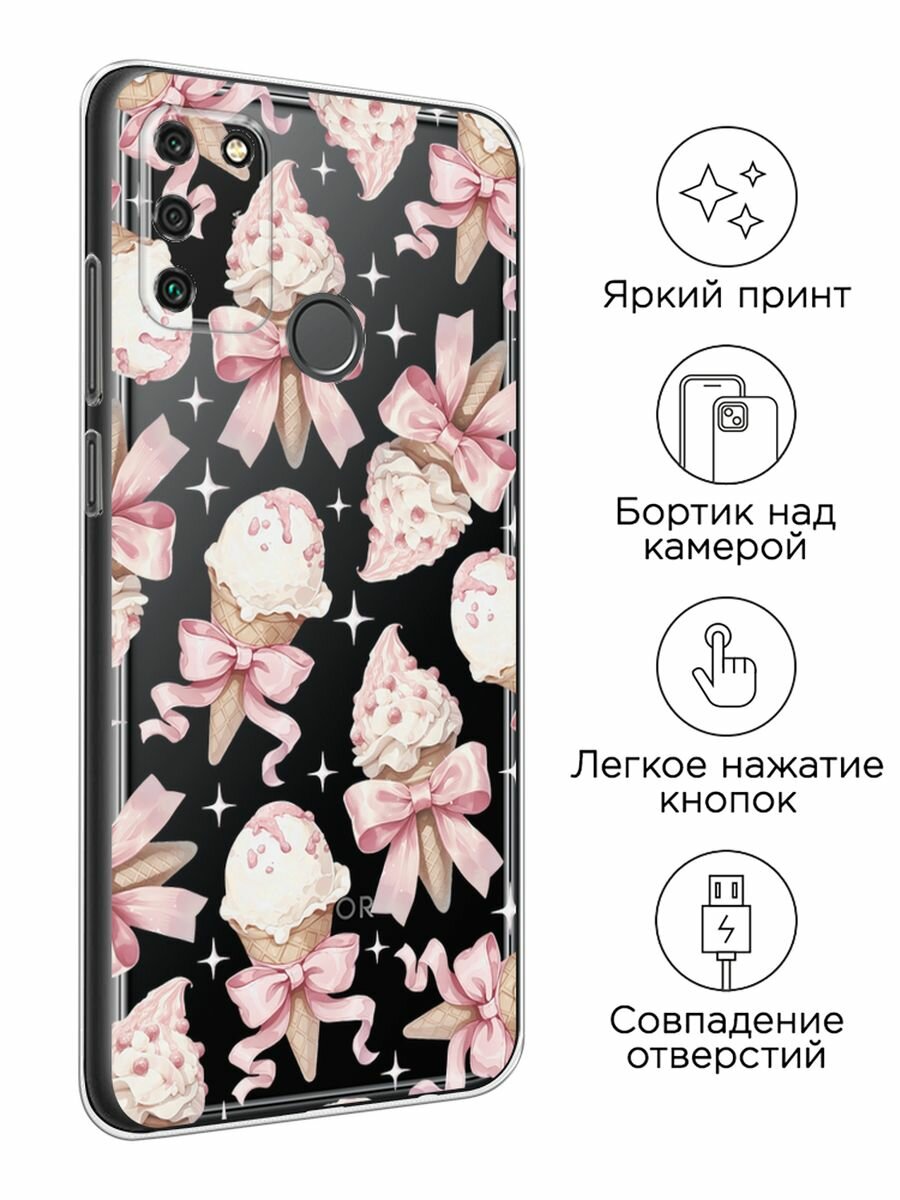 Чехол на Honor 9A / Хонор 9А с принтом "Мороженое с бантиками", прозрачный — фото 1