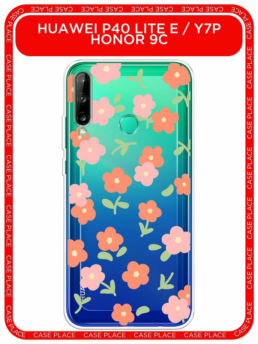 Чехол на Huawei P40 Lite E/Y7p/Honor 9C / Хуавей P40 Lite E с принтом "Красные цветочки рисунок", прозрачный