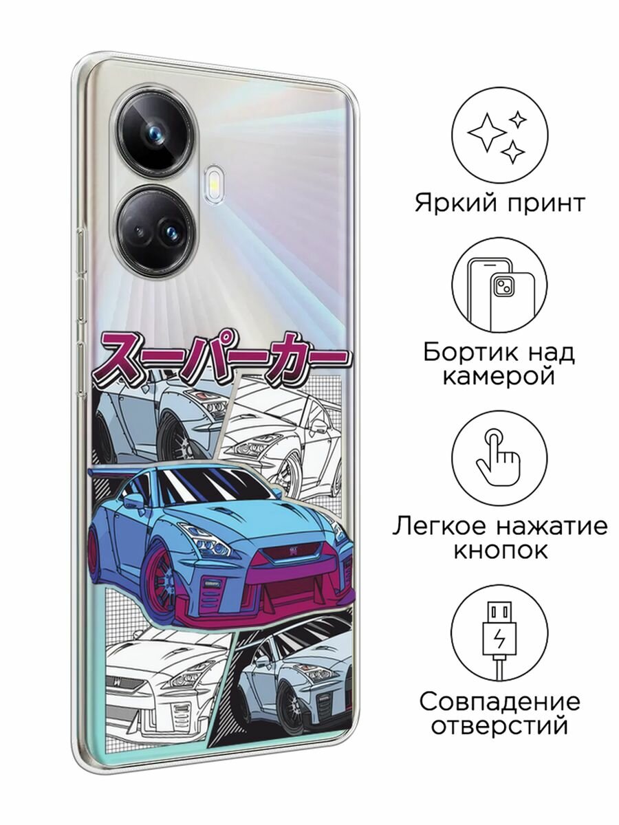 Чехол на Realme 10 Pro+ / Реалми 10 Про+ с принтом "JDM коллаж", прозрачный — фото 1