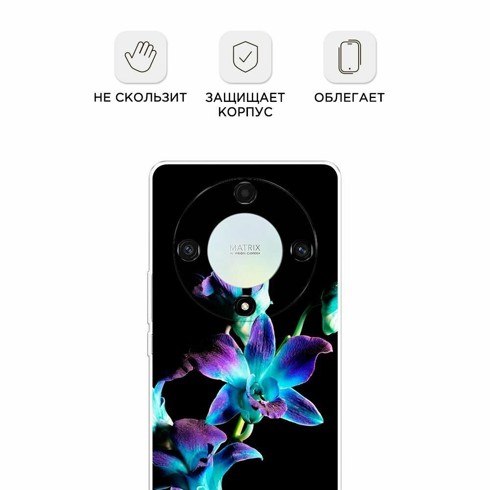 Чехол на Honor X9A / Хонор X9A с принтом "Синий цветок на черном" — фото 1