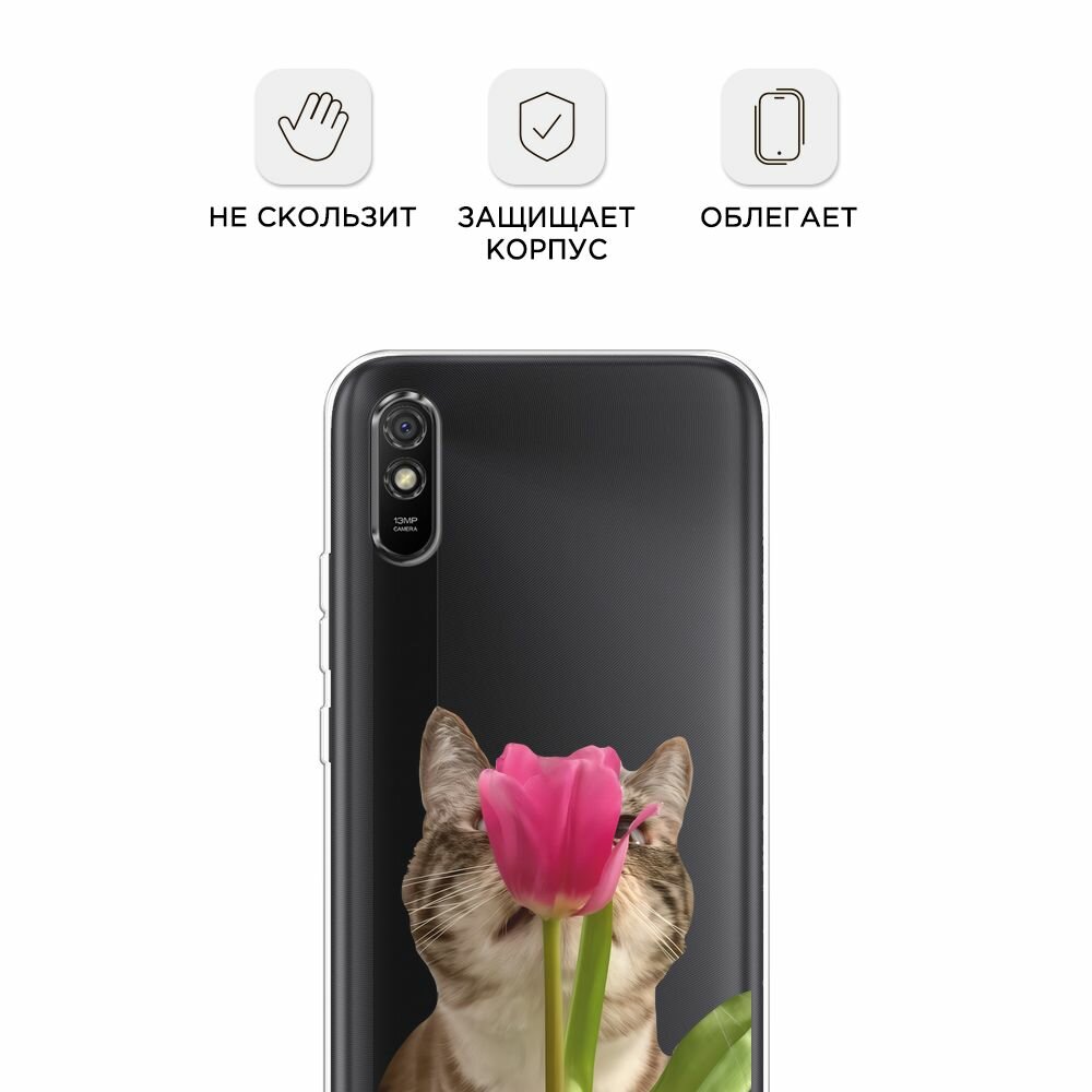 Чехол на Xiaomi Redmi 9A / Сяоми Редми 9А с принтом "Кот с тюльпаном - 8 марта", прозрачный — фото 1