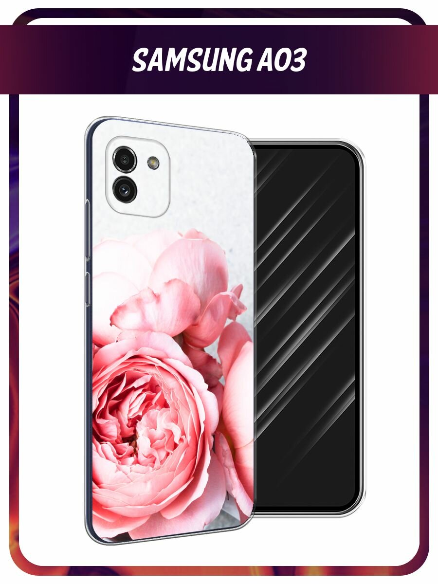 Чехол на Samsung Galaxy A03 / Самсунг Галакси А03 с принтом "Пионы на белом"
