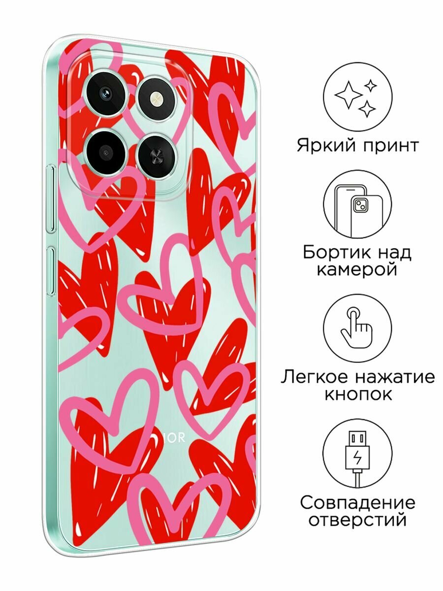 Чехол на Honor X6c / Хонор X6c с принтом "Hearts doodles - 14 февраля", прозрачный — фото 1