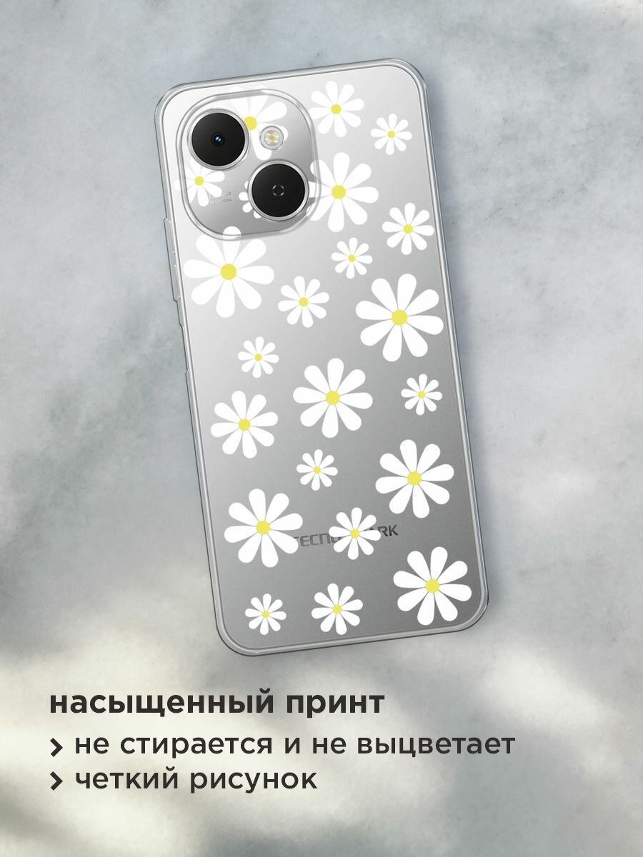 Чехол на Tecno Spark 40C / Текно Спарк 40C с принтом "Большие ромашки", прозрачный — фото 1