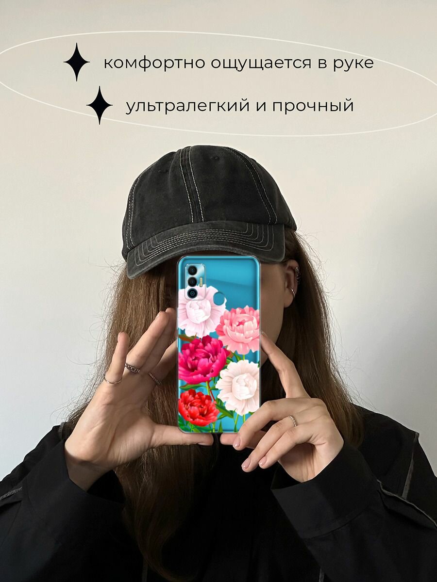 Чехол на Tecno Spark 7 / Техно Спарк 7 с принтом "Большие пионы", прозрачный — фото 1