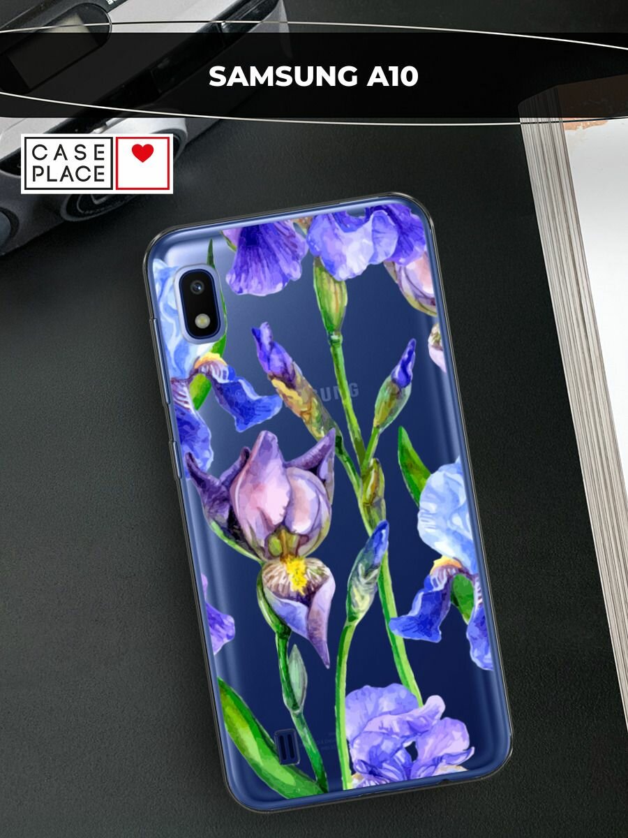 Чехол на Samsung Galaxy A10 / Самсунг Галакси А10 с принтом "Синие ирисы", прозрачный
