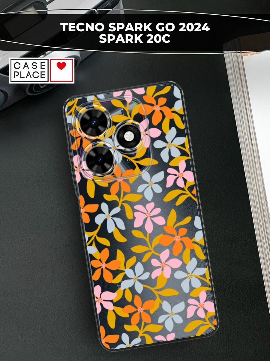 Чехол на Tecno Spark Go 2024/Spark 20C / Текно Спарк Го 2024/Спарк 20C с принтом "Оранжевые цветочки", прозрачный