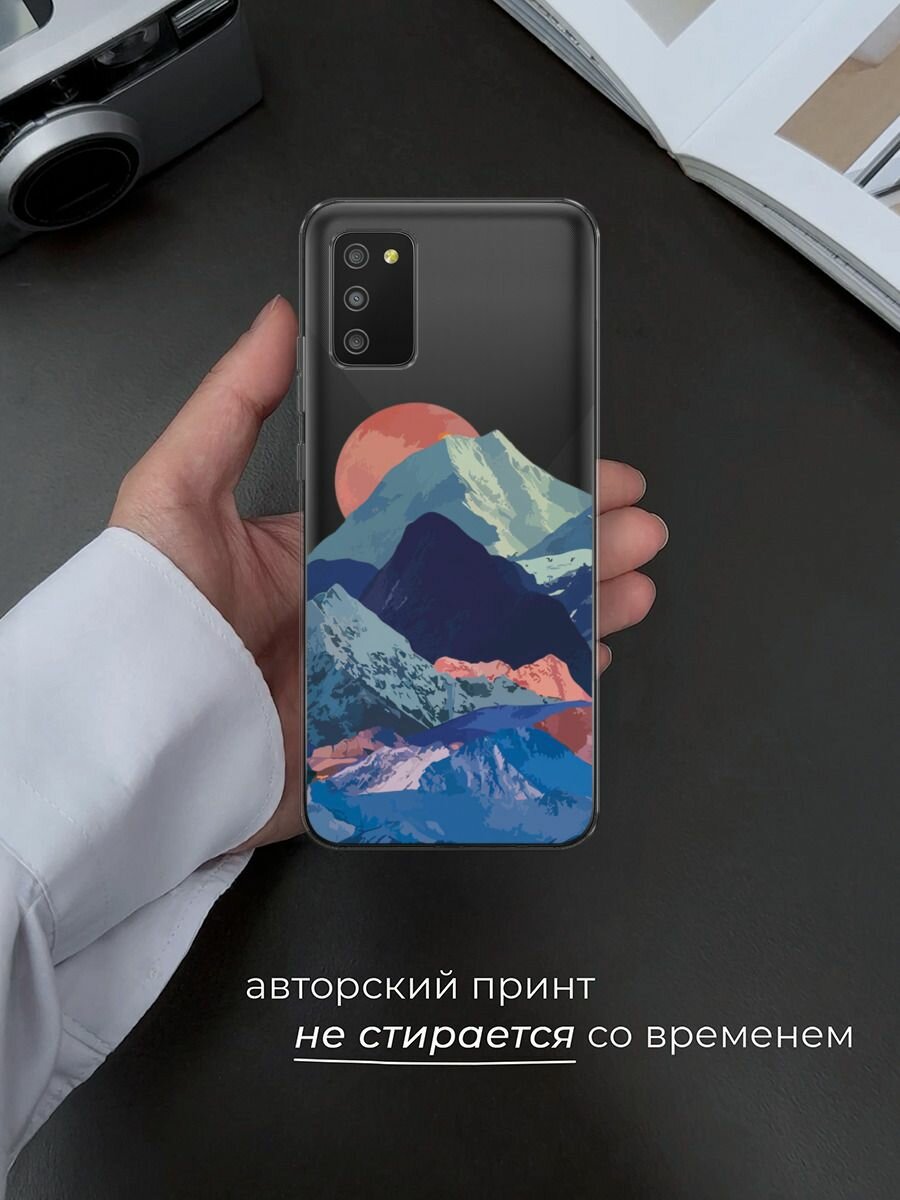 Чехол на Samsung Galaxy A02s / Самсунг Галакси A02s с принтом "Закат в снежных горах", прозрачный — фото 1
