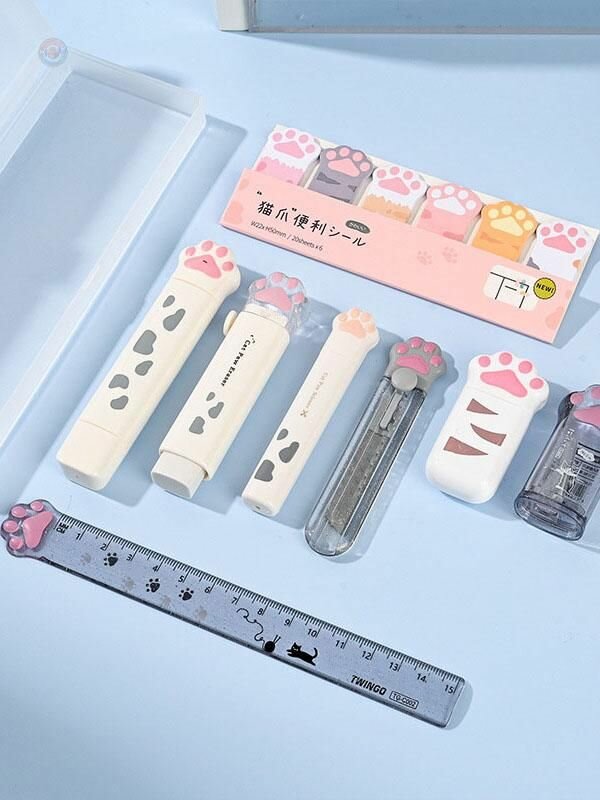 Набор канцелярских принадлежностей "Кошачья лапка" с линейкой, ножницами, ластиком и пеналом для учебы и офиса