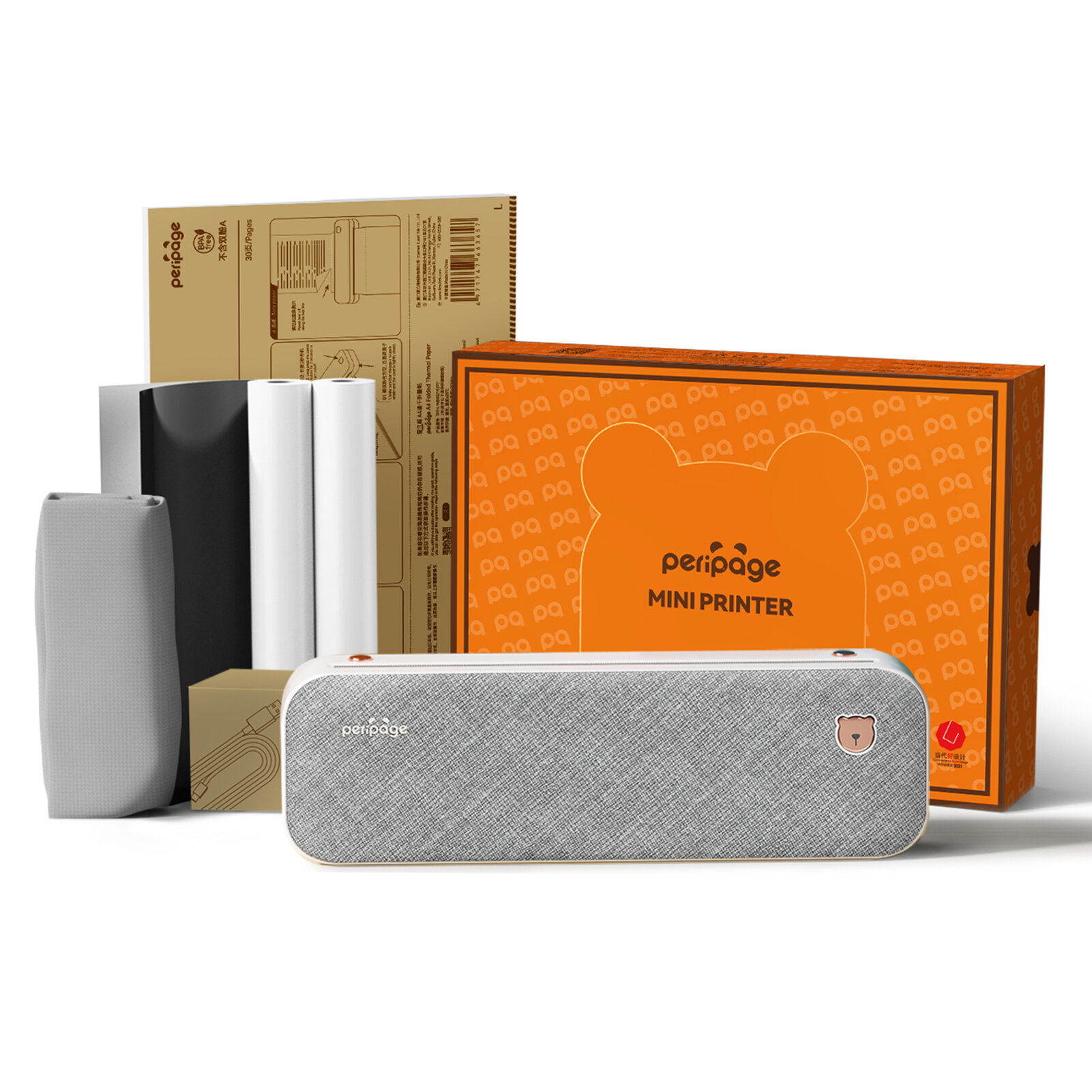 PeriPage A40 Sky Grey Thermal Printer 203dpi Built-in Rechargeable Battery 2600mAh x 2 7.4V 3hrs Continuous Working Time 30 Days Standby Time 5V 2A Input BT USB Type-C Connection 265x80x45mm 658g 1 x Thermal Printer 1 x USB Cable 1 x A4 Thermal Paper