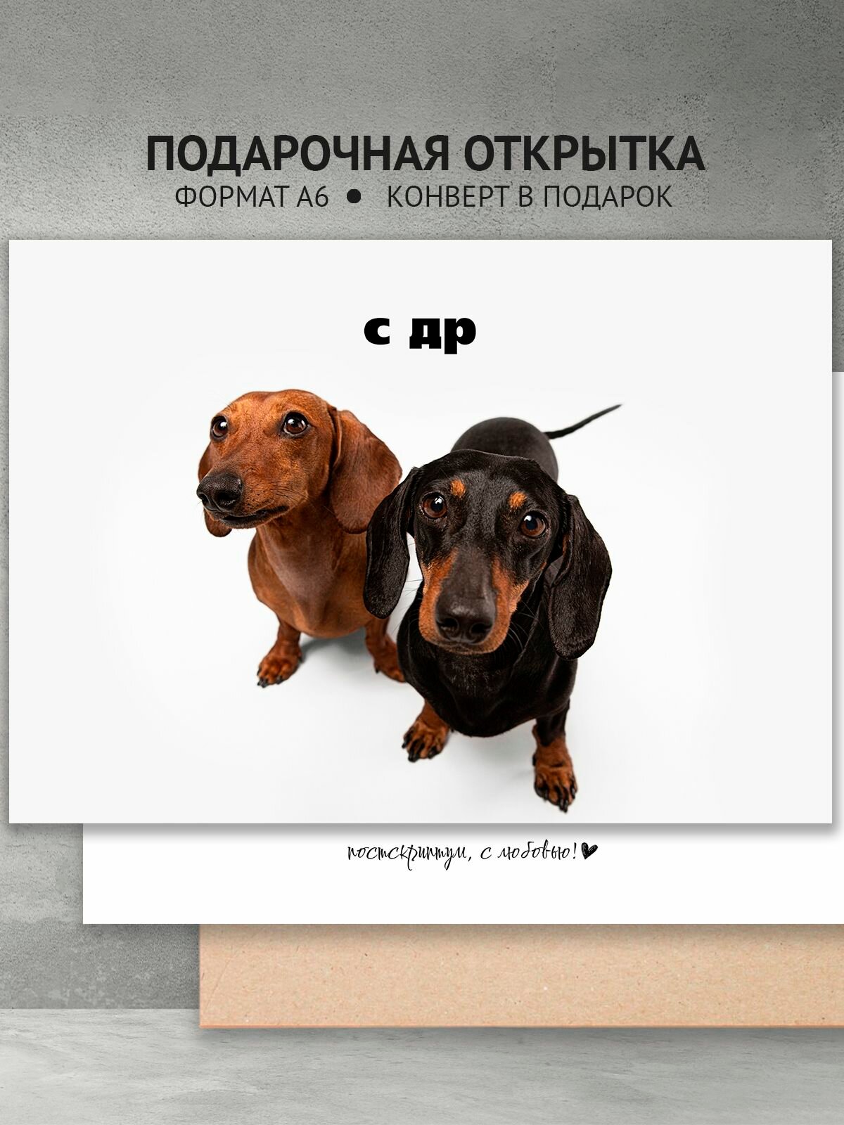 Подарочная открытка с уникальной иллюстрацией такса "С др" с днем рождения, с юбилеем