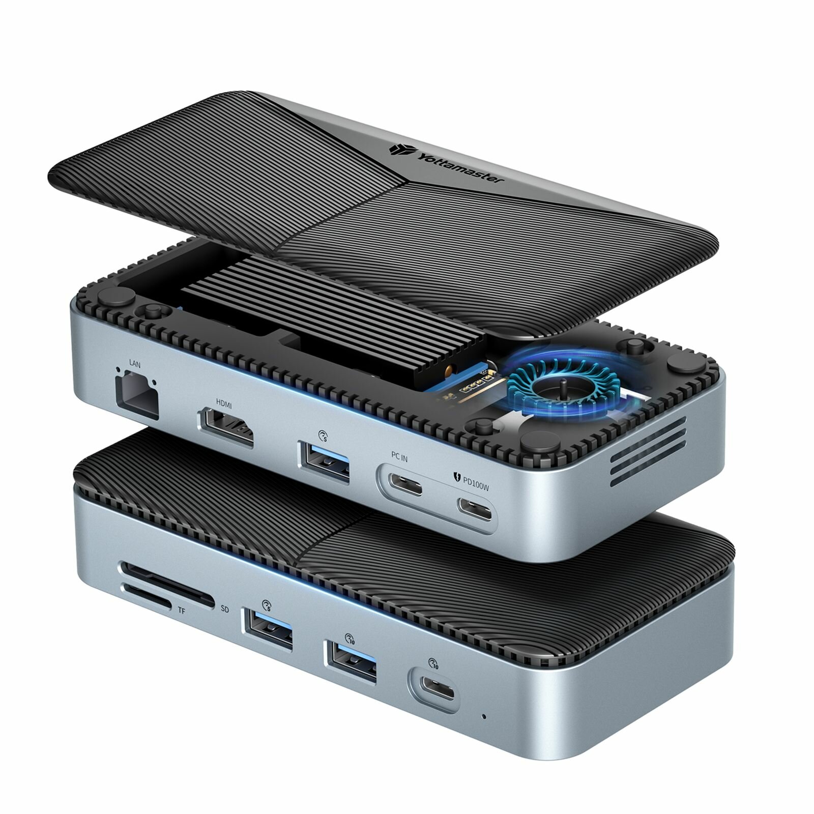 Usb разветвитель док-станция 10 в 1 Yottamaster DPM2P9-V1 USB HUB, Встроенный вентилятор улучшает отвод тепла, M.2 NVMe и SATA PD100Вт HDMI4K@60Hz USB-C USB SD/TF3.0 RJ45, До 10 Гбит/с