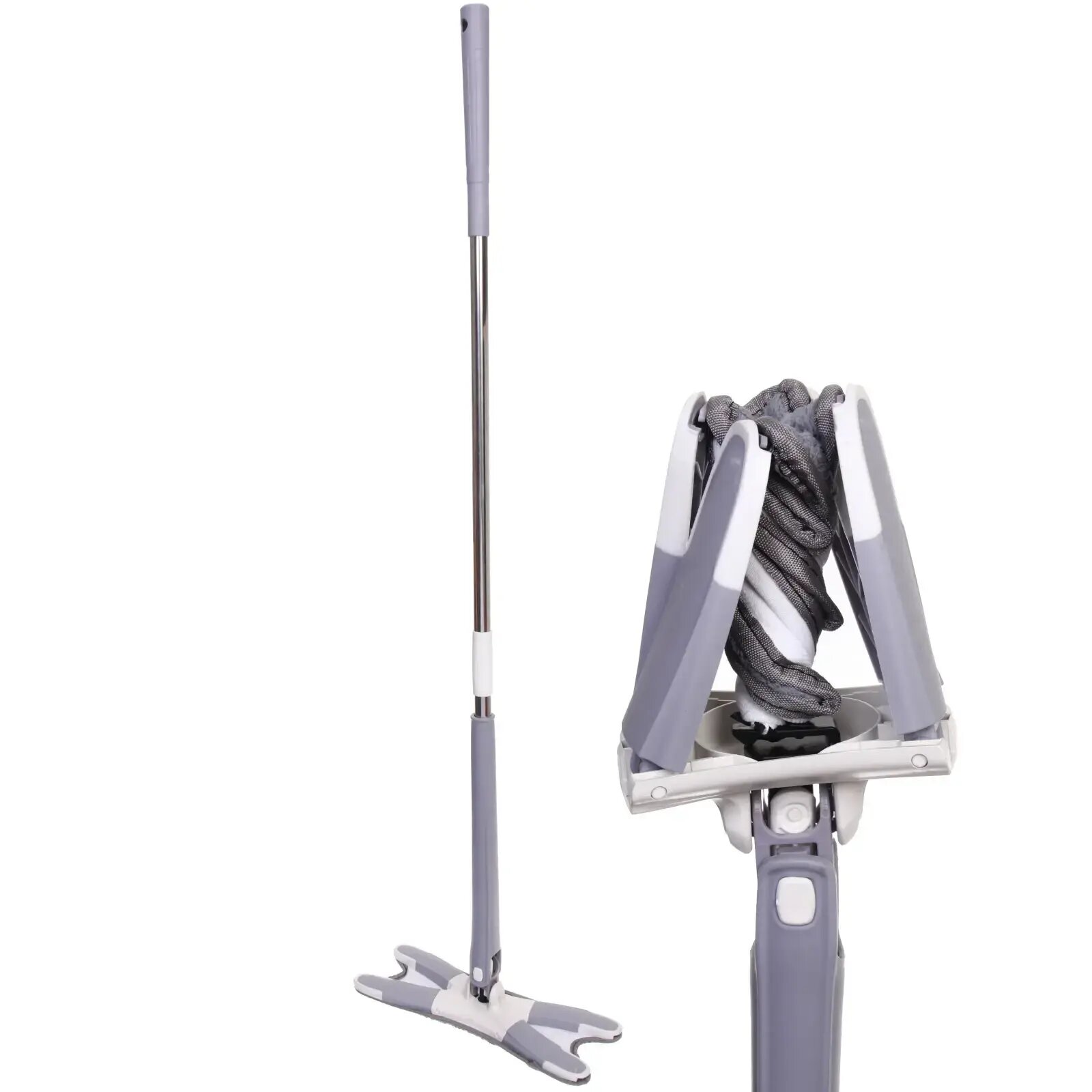 Швабра Селфи с отжимом, 2 насадки из микрофибры, пластик/металл, серый/белый