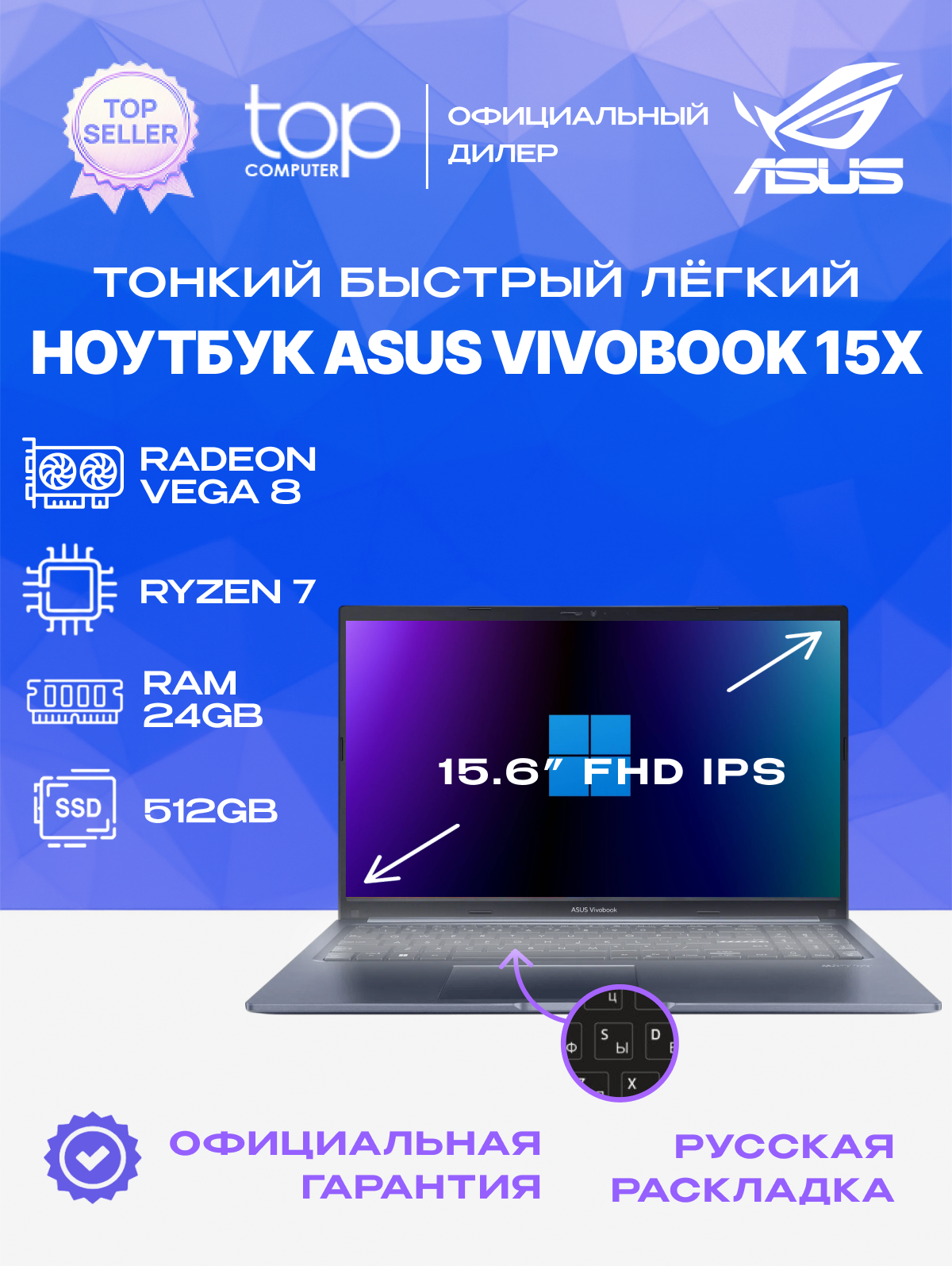 Ноутбук Asus Vivobook 15 M1502YA 15.6"FHD; IPS/Ryzen7 5825U/24GB/SSD 512GB/Radeon VEGA 8/noOS/синий