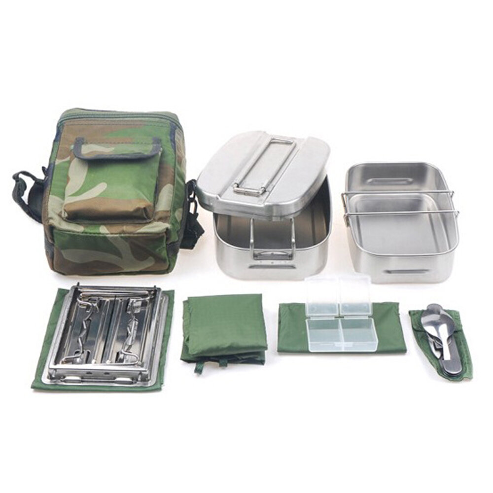 Набор посуды для походов Camping Canteen Mess Kit из нержавеющей стали с крышкой для тарелки, плитой, ложкой и сумкой Molle, 8 деталей, размер упаковки 18*13*9 см, вес 1.2 кг, материалы нержавеющая сталь, включает большую тарелку с крышкой, маленькую