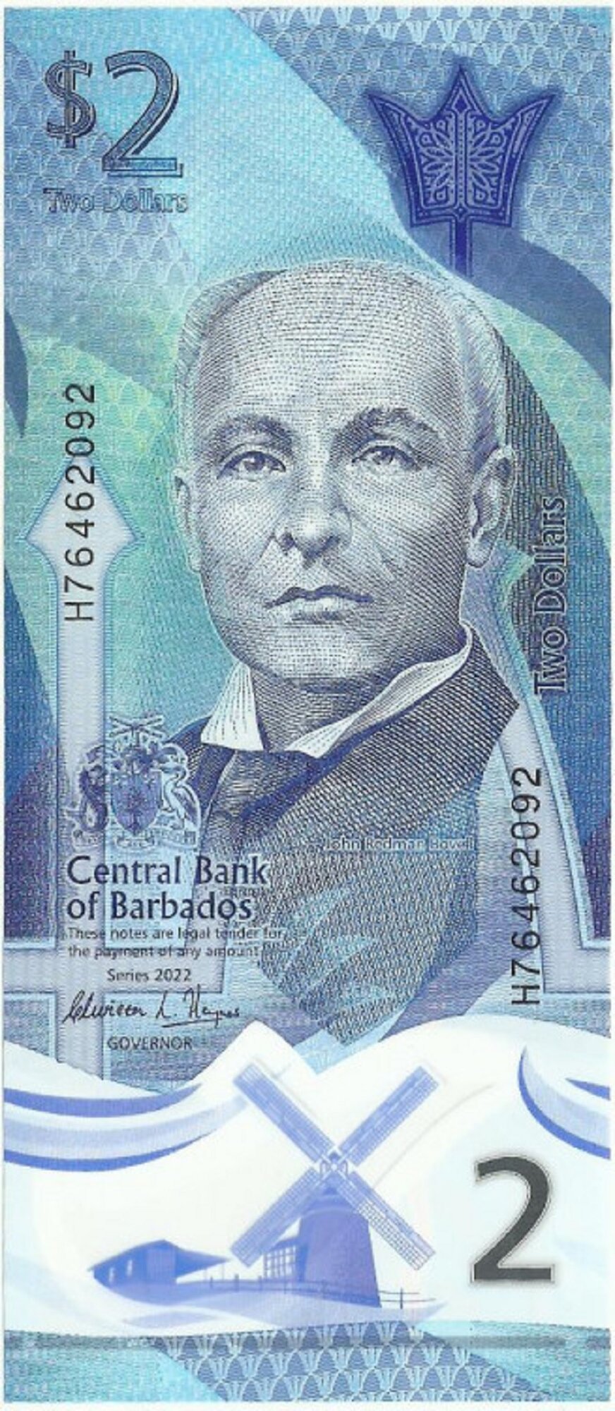 Банкнота номиналом 2 доллара Барбадоса 2022 года. Состояние UNC P-W80 (40672)