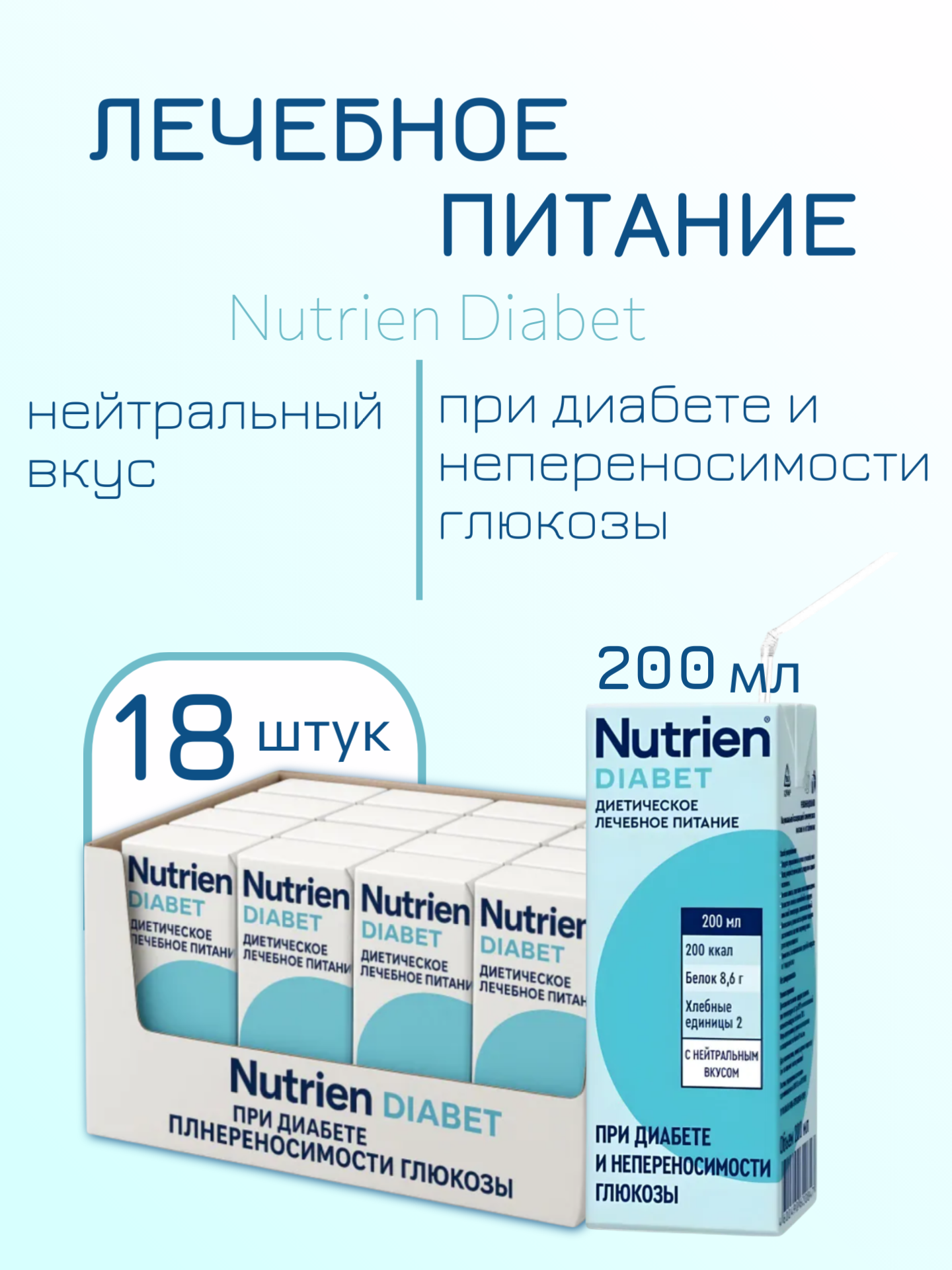 Нутриэн Диабет, смесь для энтерального питания, нейтральный вкус, 200мл - 18 шт
