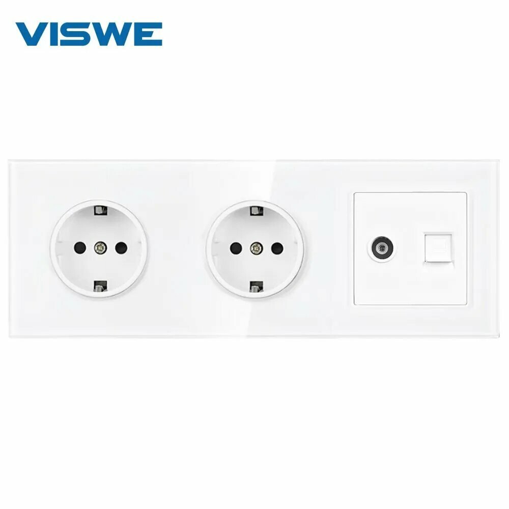 Розетка электрическая 3 поста 220В +Розетка ТВ-Компьютер RJ-45 CAT6 Белый Стекло