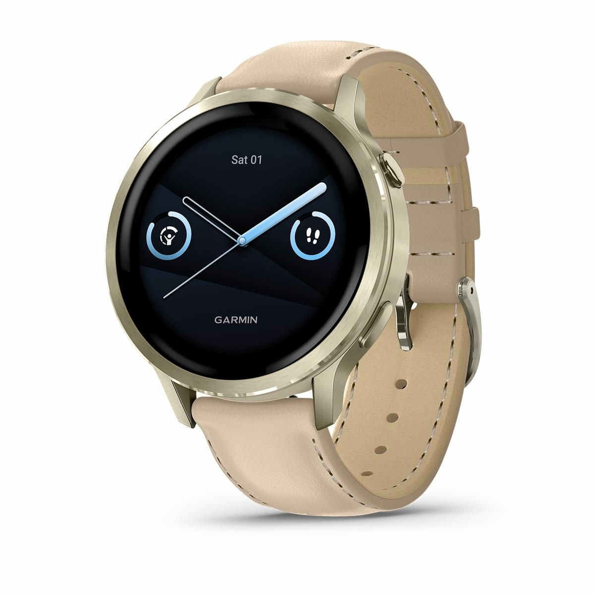 Garmin Venu 4 - 41 мм, лунно-золотистый с кожаным ремешком песочного цвета