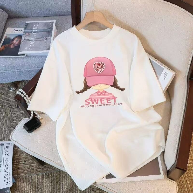 Женская летняя белая свободная футболка больших размеров 2025 года с уникальным дизайном, Белая хлопковая шапочка для девочек, размер：5XL