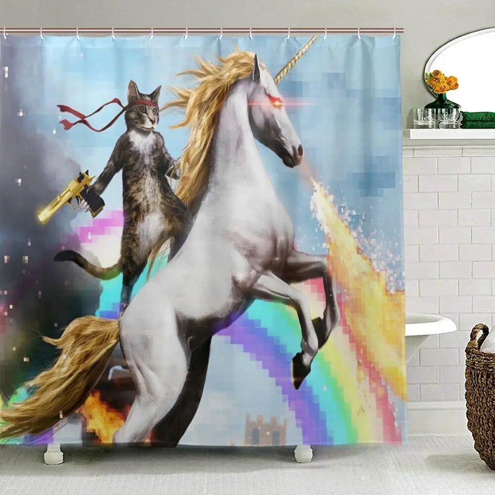 Полиэстер Занавеска для душа с единорогом, котом и героем 180×180cm