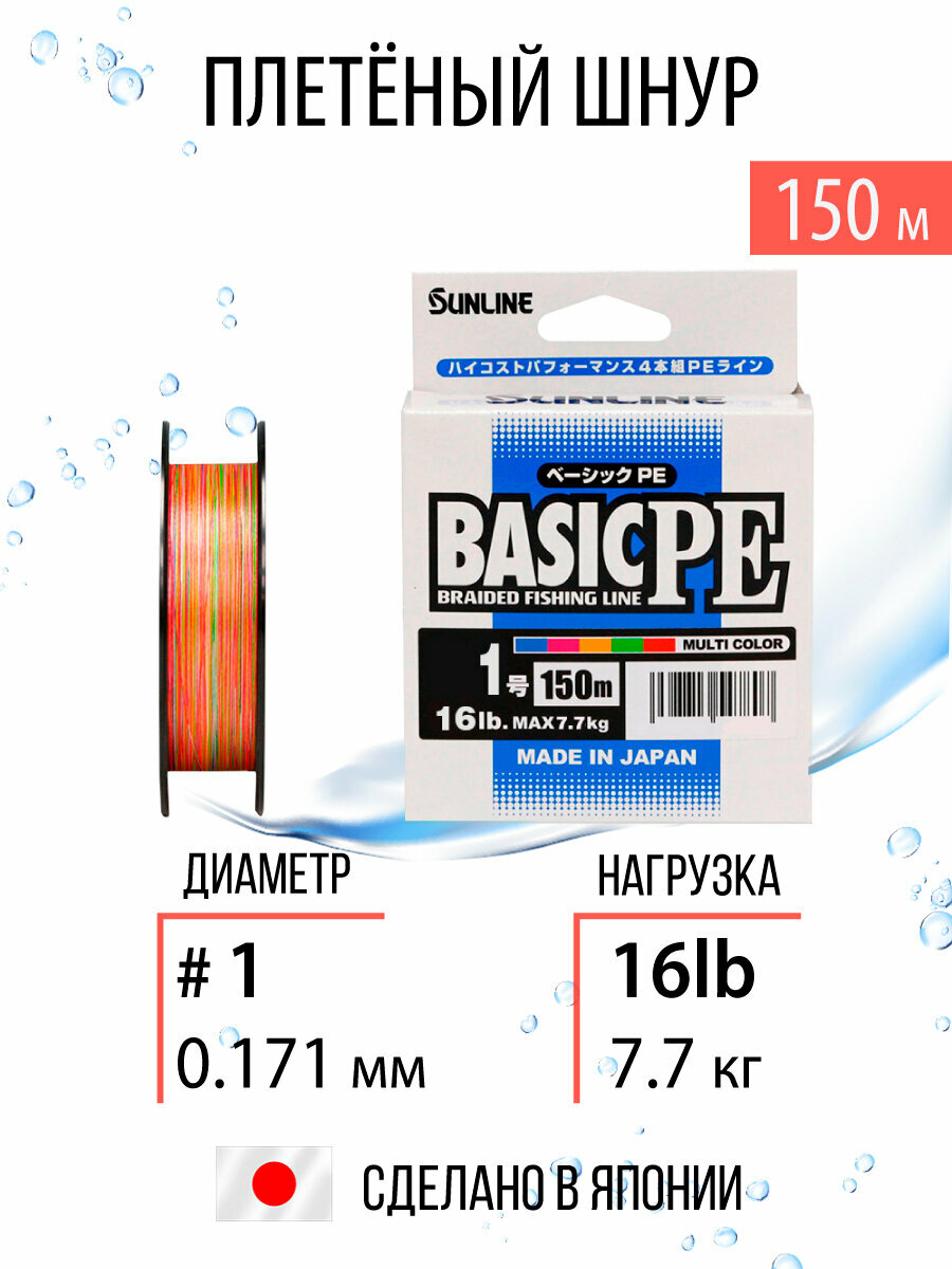 Шнур для рыбалки плетеный BASIC PE HG #1.0/16lb150m Multi Color, плетёнка рыболовная, леска для спиннинга.