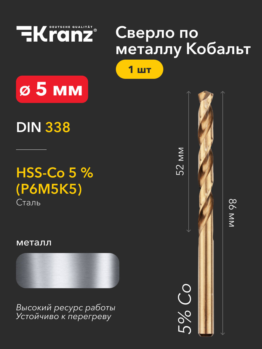 Сверло по металлу KRANZ 5 мм, с добавлением кобальта повышенной прочности, стандарт качества DIN 338