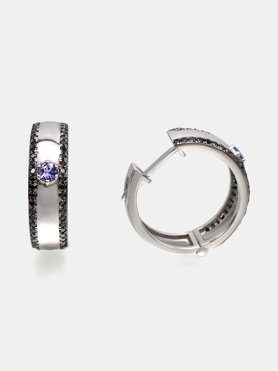 Серьги, белое золото, 375 проба, родирование, танзанит, бриллиант