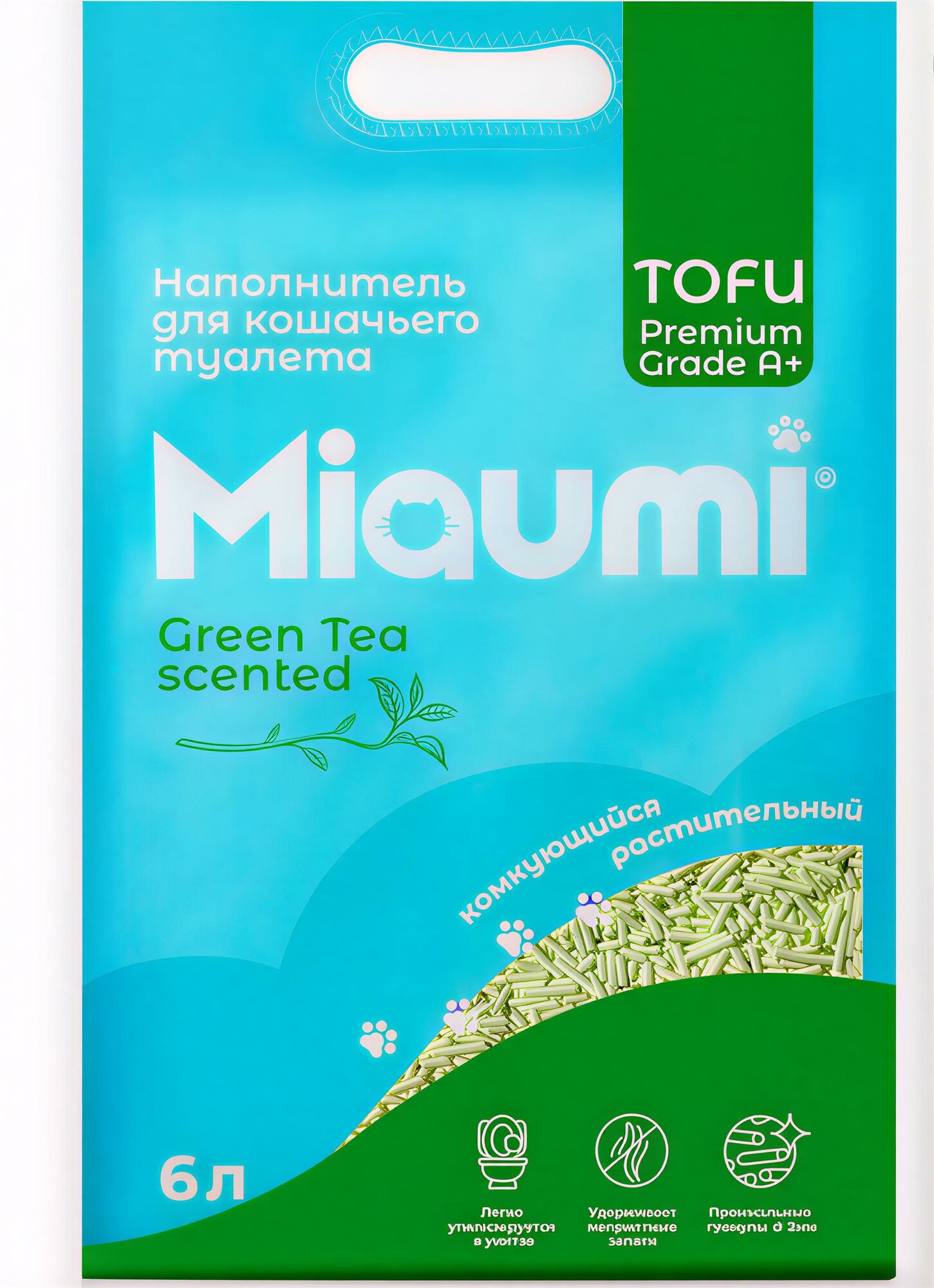 Наполнитель комкующийся Miaumi Tofu Green Tea Scented с ароматом зеленого чая, 6 л