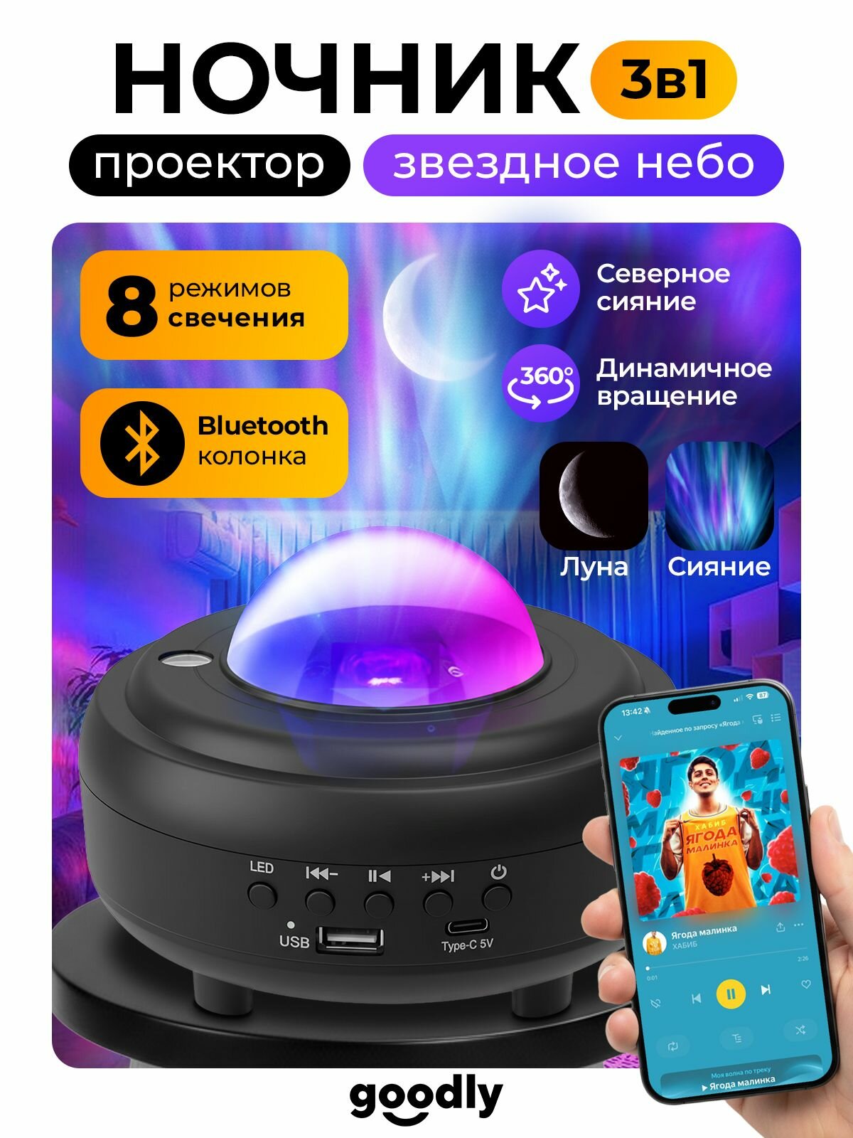 Проектор ночник Goodly Sky Projector, Сияние галактики, Проекция луны, Bluetooth-колонка и MP3-плеер, светильник ночник, лампа, черный