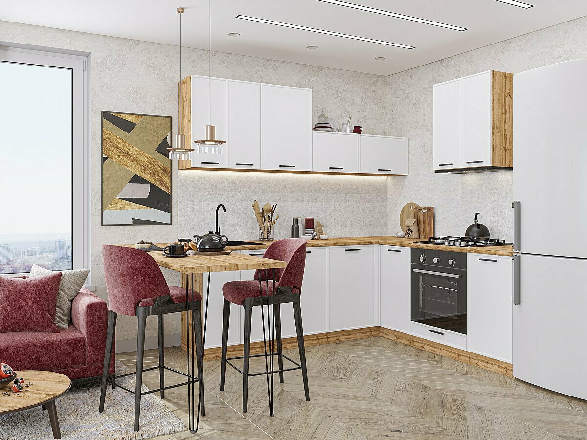 Готовый кухонный гарнитур кухня без столешницы Фрейм-03 White Silk, Дуб Вотан