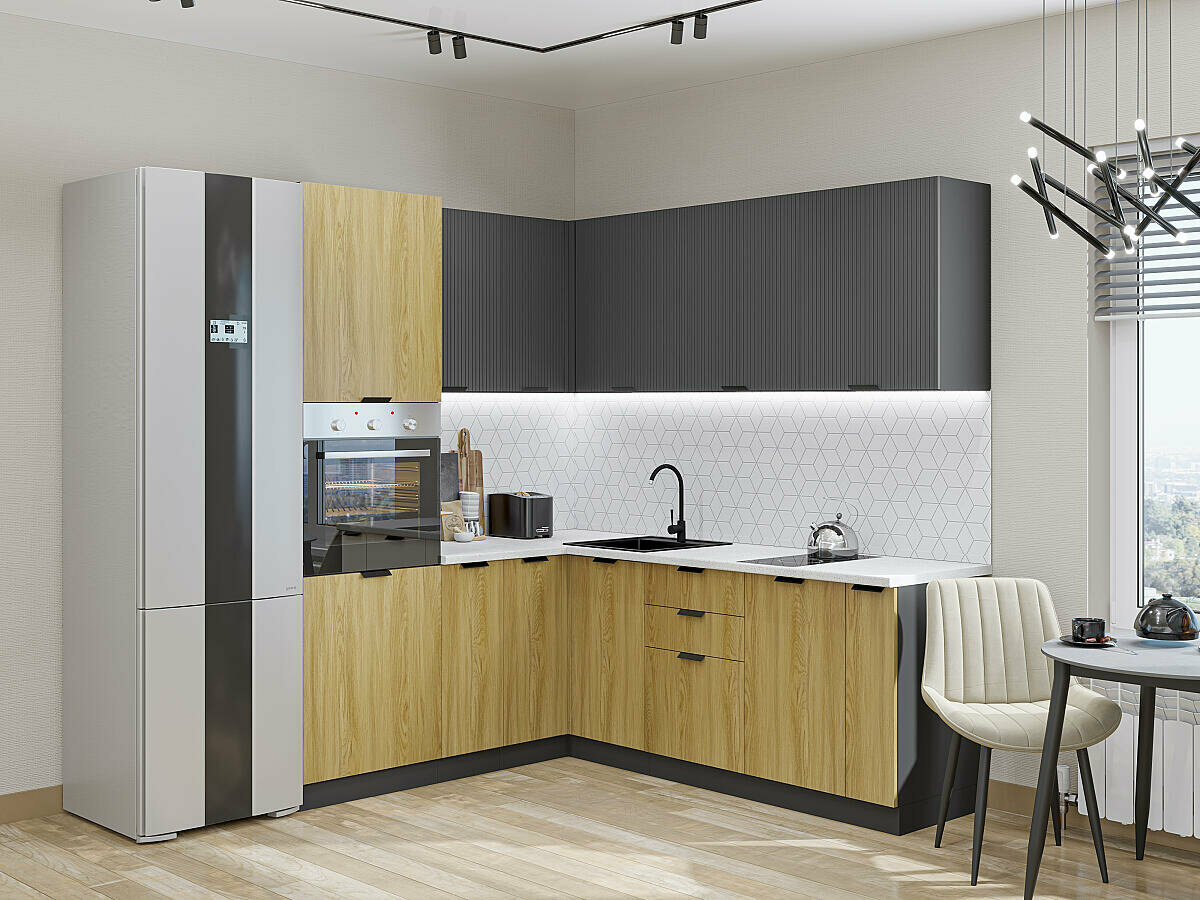 Кухня модульная Угловая МДФ фасады, Евро Лайн-04 со столешницей 2140*1800-2150*600 Антрацит-Дуб песочный