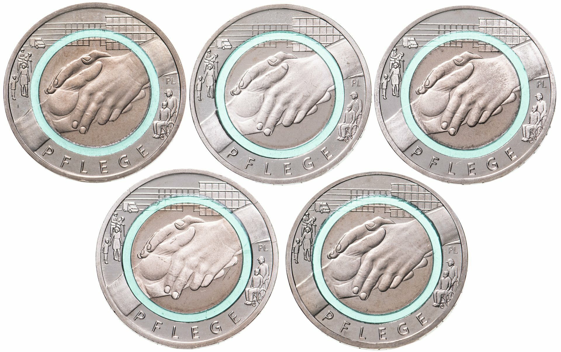 Германия 10 евро 2022 набор из 5-ти монет "На службе обществаЗабота" все монетные дворы, Мельхиор медь-никель с вставкой из прозрачного полимера