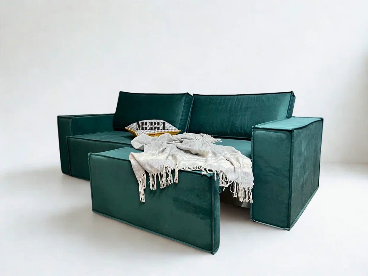 Прямой диван в стиле лофт раскладной с независимым пружинным блоком 250 см цвет зеленый механизм еврокнижка