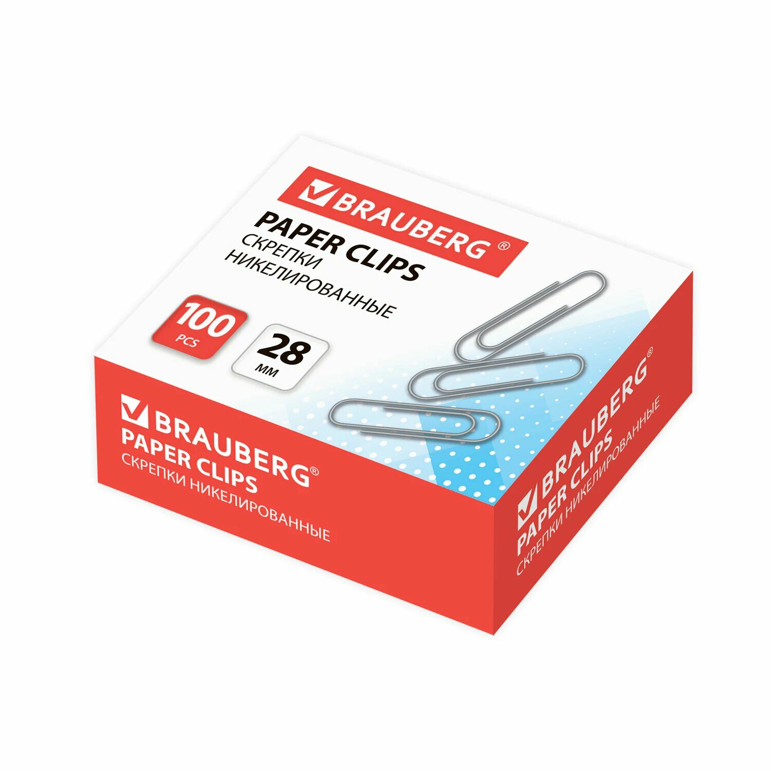 Скрепки BRAUBERG, 28 мм, никелированные, 100 шт, в картонной коробке, Россия, 221523, 3шт.