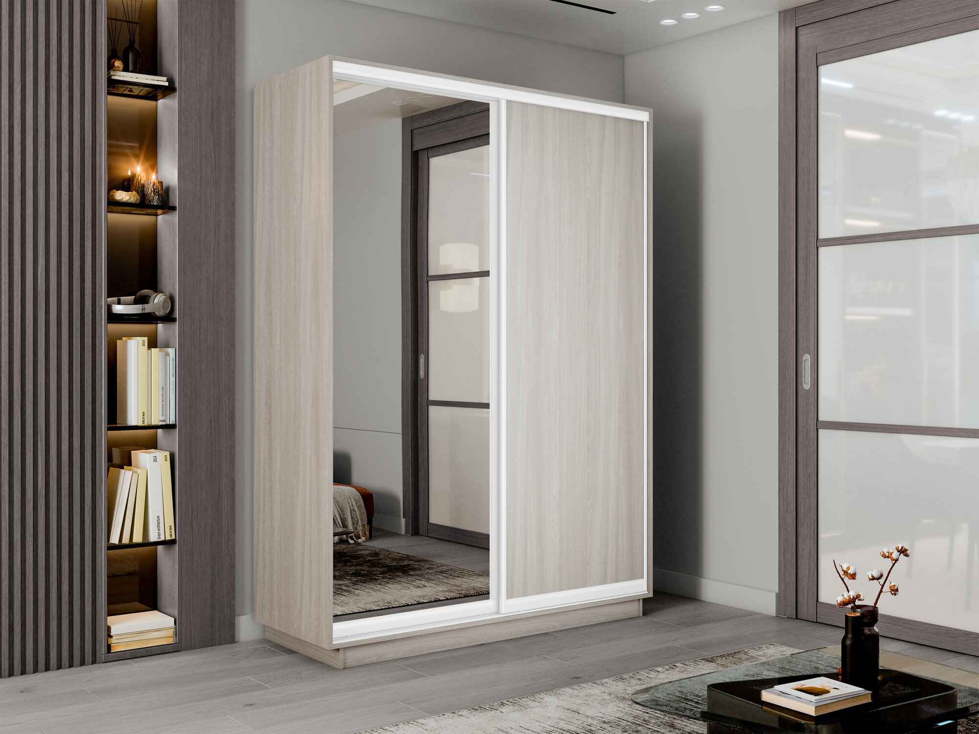 Шкаф купе Вилли 2-х дверный ЛДСП с зеркалом, профиль белый 120 см х 240 см х 45 см (Ясень шимо-светлый)