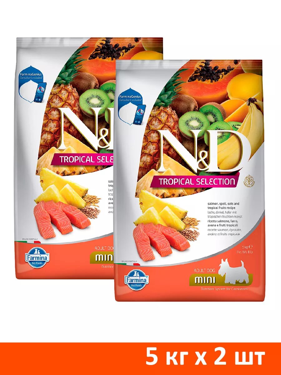 Корм сухой Farmina Dog N&D Tropical Selection Adult Mini Salmon для взрослых собак мелких пород с лососем, 5 кг х 2 шт
