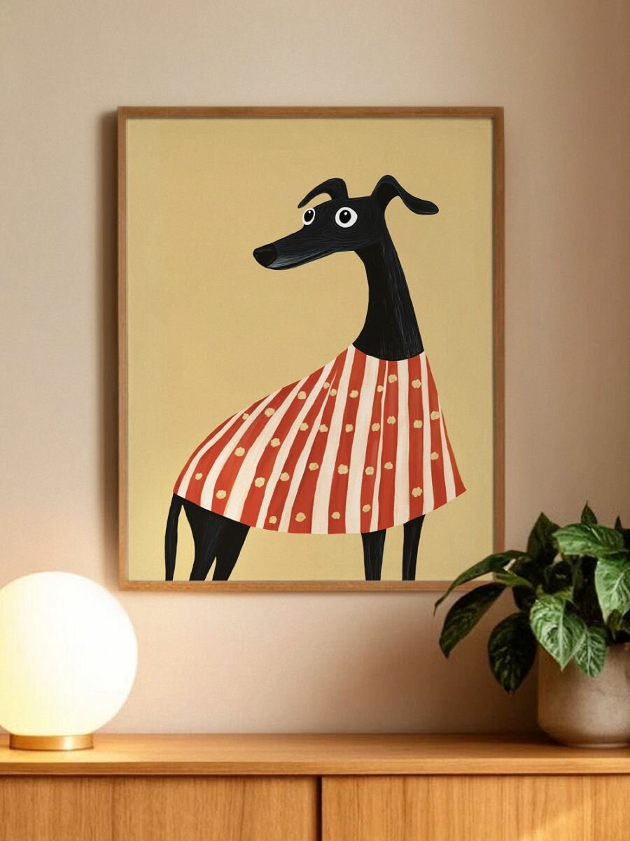 Постер на стену 40х50 Собака в полосатом костюме, без рамы, картина с собачкой на бумаге