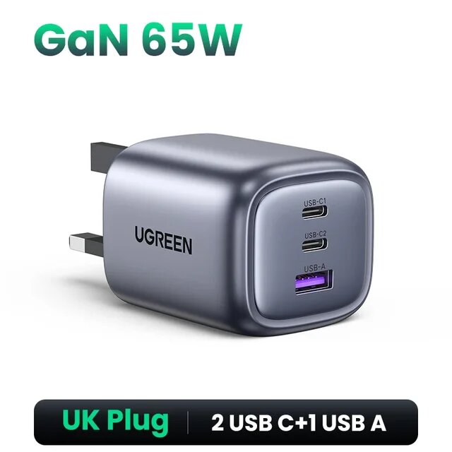 Зарядное устройство UGREEN 65 Вт GaN с быстрой зарядкой 4.0 и USB-C 3.0 для iPhone 17 16 15 Pro Max, ноутбуков, Macbook Air, планшетов, PD-зарядка.