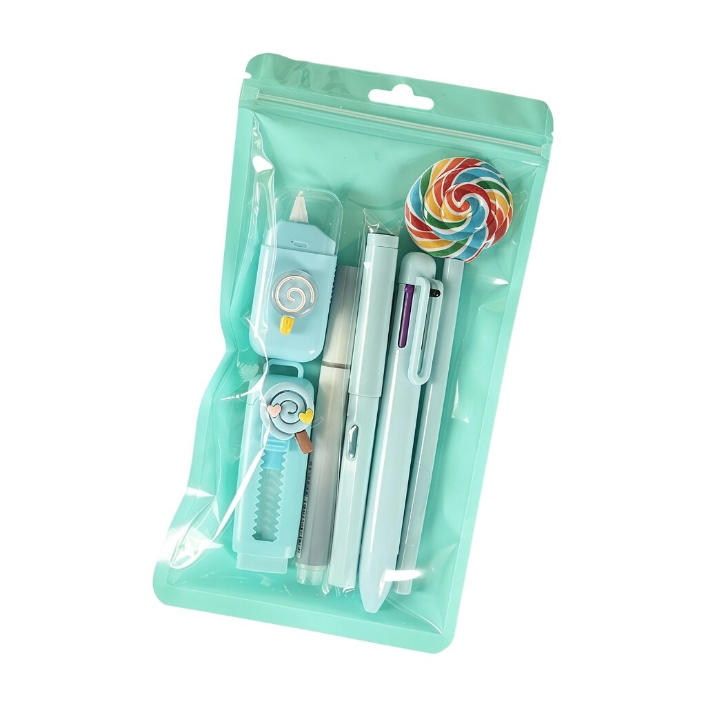 Набор Канцелярских Принадлежностей для школьников на Тему Конфет, Набор Пластиковых Письменных Принадлежностей с Разноцветной Ручкой и Белыми Ластиками для Школьников
