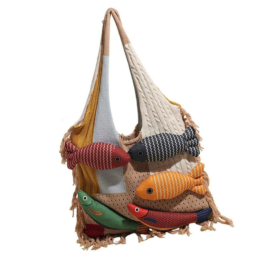 Большая вязаная сумка через плечо с рыбкой, Цвет Хаки