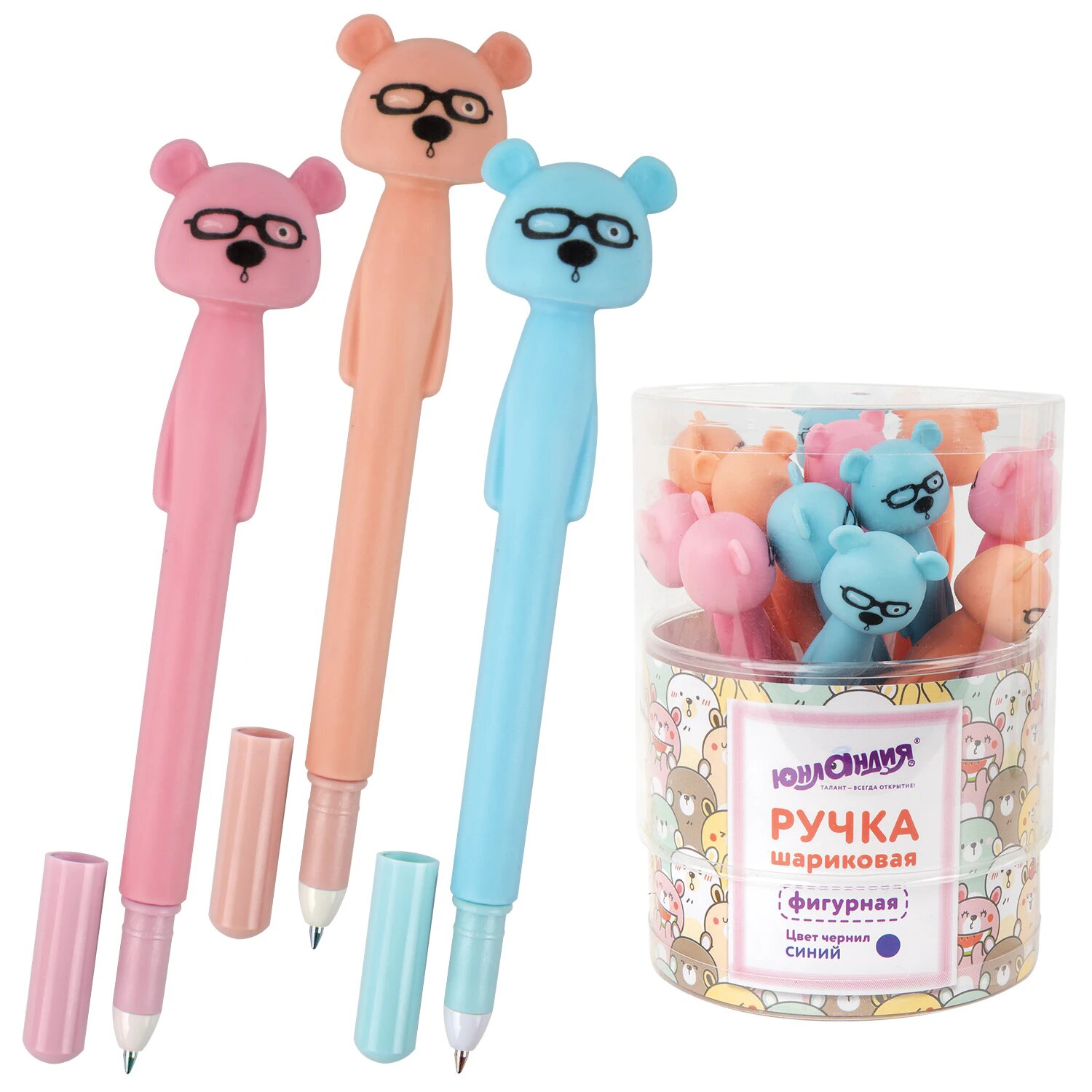 Ручка фигурная шариковая юнландия "Мишка", мягкий силиконовый корпус, ассорти, синяя, пишущий узел 0,7 мм, 143780 (упаковка 12 шт.)