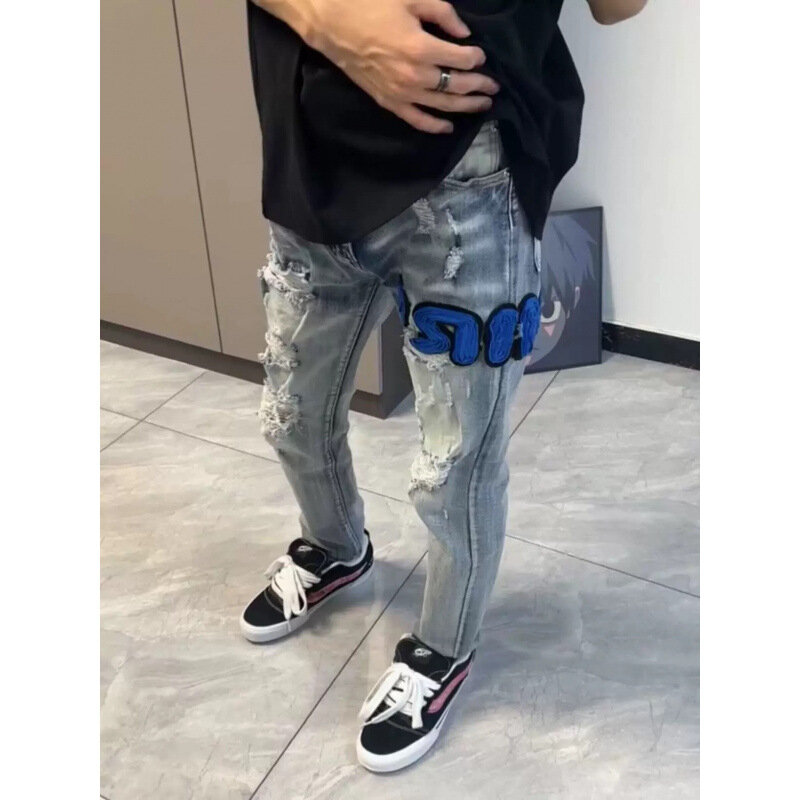 Тренд RONG CH Мужские Джинсы Весна Буквы Пэч Потертые Слим Стрейт Деним, Размер_2XL