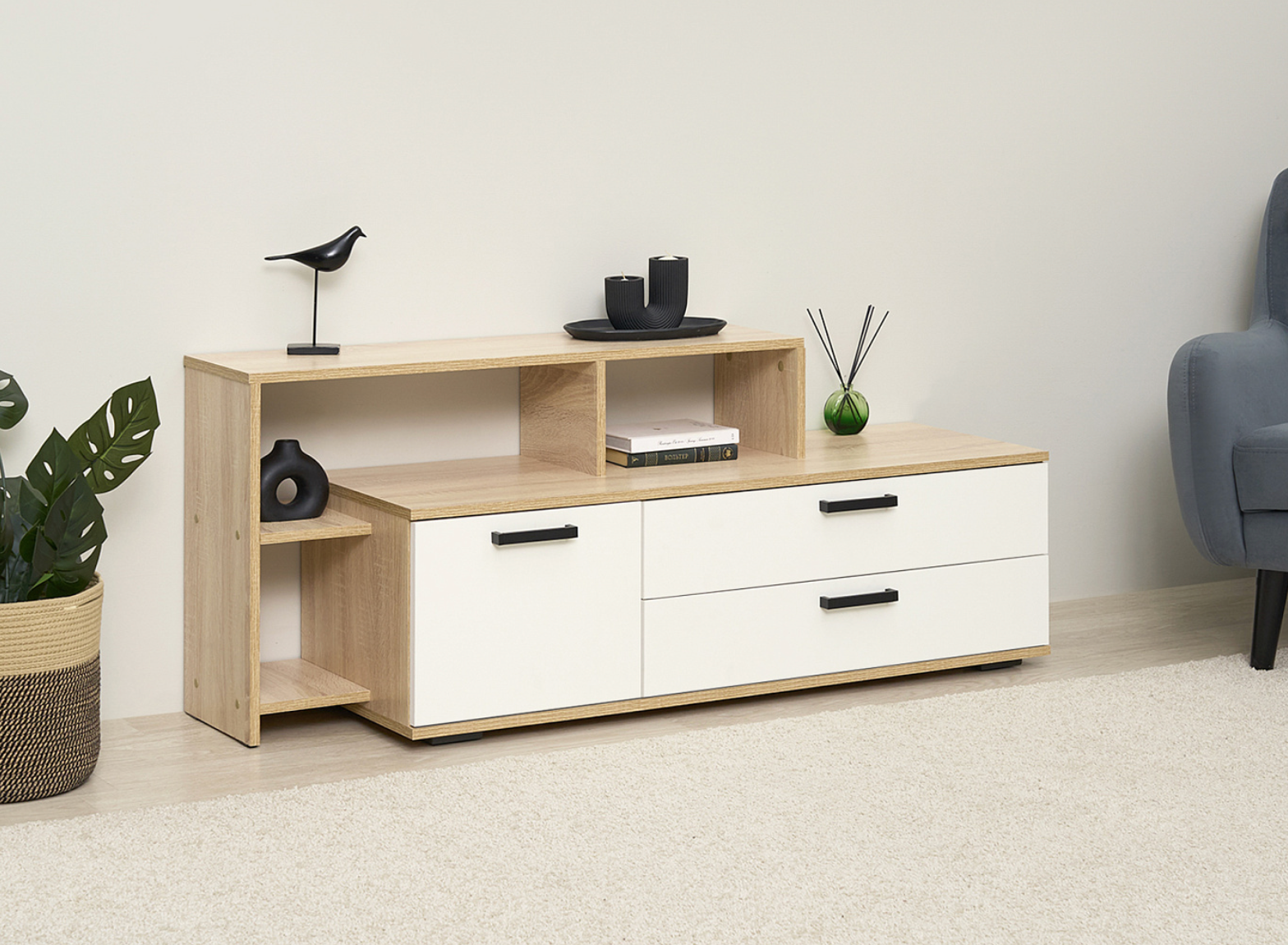Тумба под ТВ Санса ТВ-01 для гостиной, 140×57×40 см, белый / дуб сонома