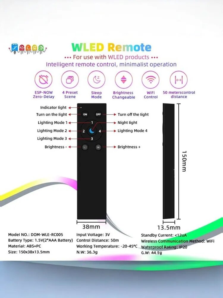 WiFi-пульт DOMRAEM для адресных WLED-лент для продуктов серии WLED с увеличенным радиусом действия и низким энергопотреблением, ESP-NOW протокол, 4 кнопки для мгновенной смены сцен.