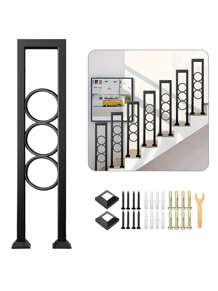 Черные кованые перила для лестниц и крыльца, U-образный поручень, Профильная труба с декором кольцами, Безопасное ограждение для дома, лофта