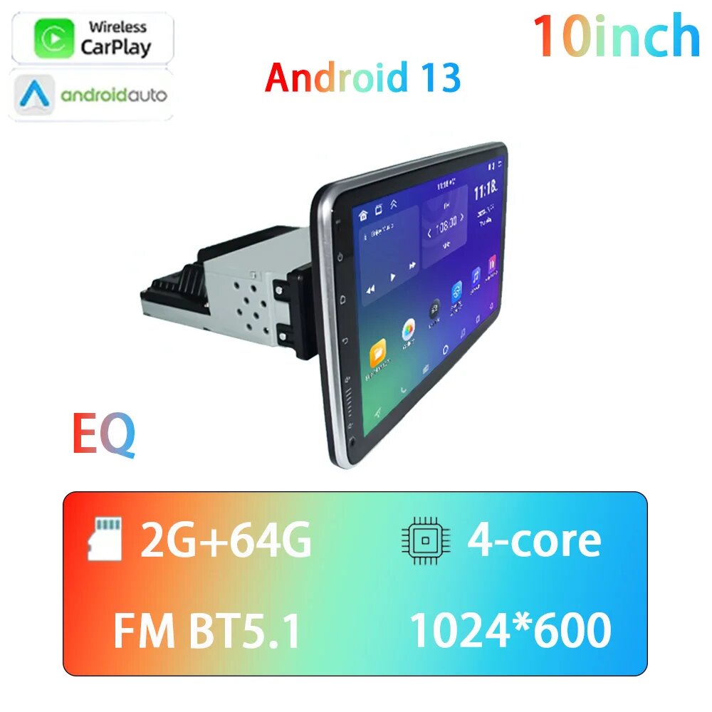 Автомагнитола 1DIN, Android 13, 9/10 дюйма, с поворотным сенсорным экраном, 10 2 64G Carplay