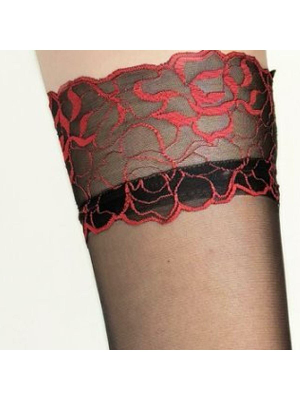 Чулки до бедра с кружевным верхом, черный красный - os