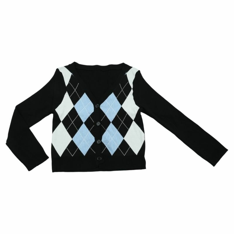 Короткая блузка в стиле ретро с ромбическим V-образным вырезом и длинными рукавами, вязаный кардиган-S